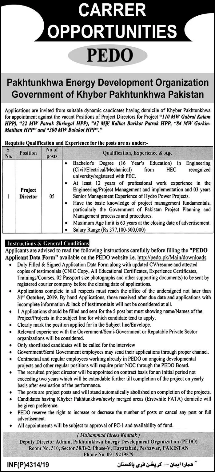 Job Pakhtunkhwa Energy Development Organization PEDO KPK Job Pakhtunkhwa Energy Development Organization PEDO KPK