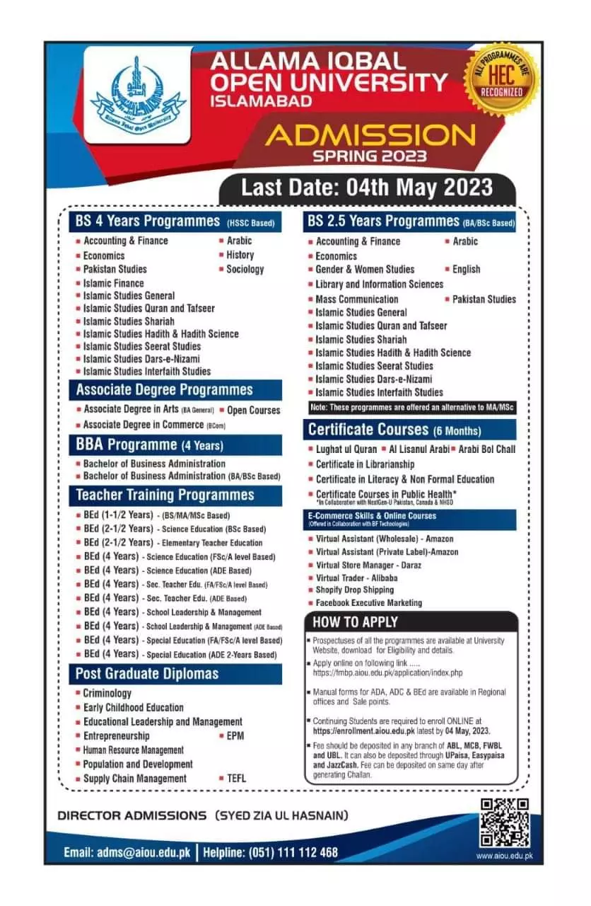 Allama Iqbal Open University AIOU Admissions 2023