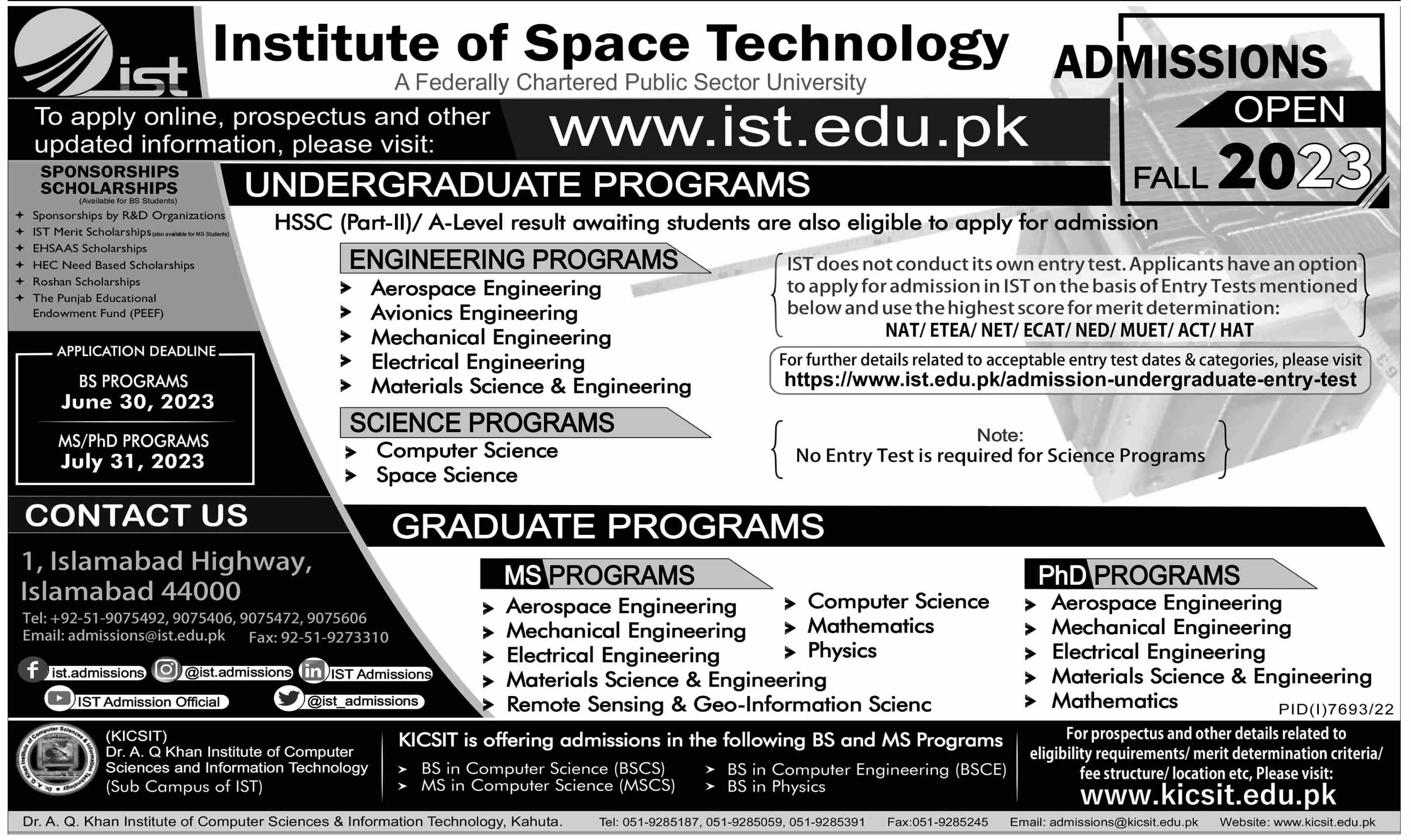 Institute of Space Technology, Islamabad. Admissions 2023
