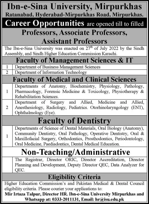 Ibn E Sina University Mirpurkhas Faculty Jobs 2023 Ibn E Sina University Mirpurkhas Faculty Jobs 2023