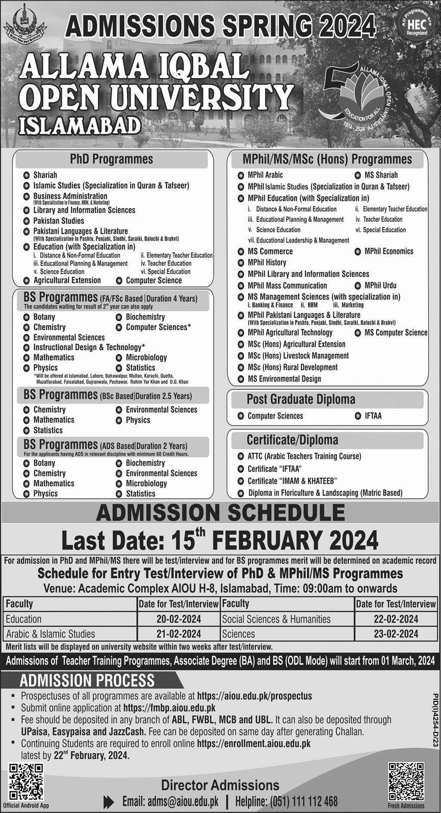 Admissions Open In Allama Iqbal Open University Islamabad