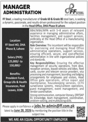 FF Steel Manufacturing Industry Lahore Job 2026